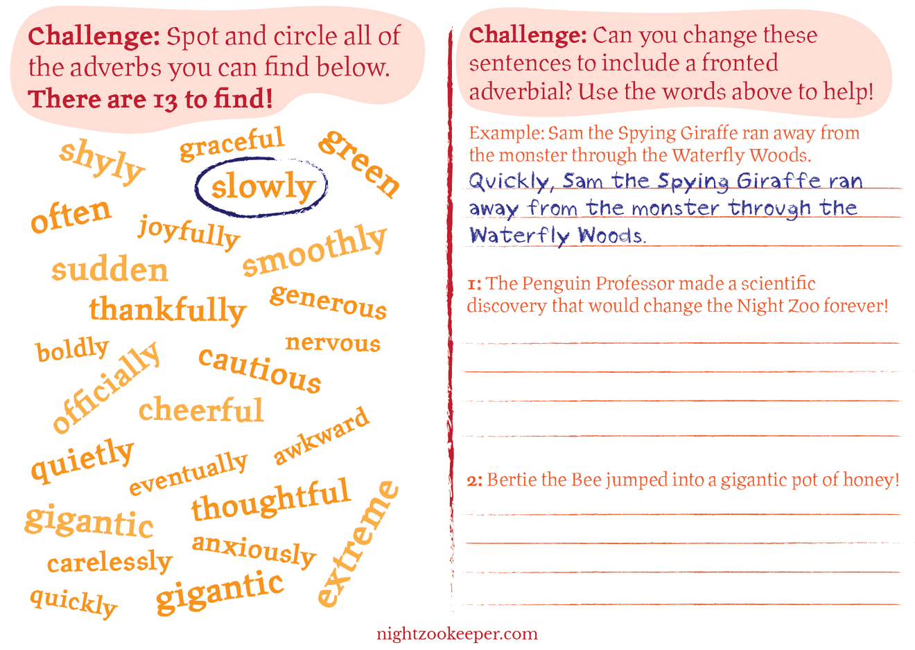 Fronted Adverbials Activities | Night Zookeeper