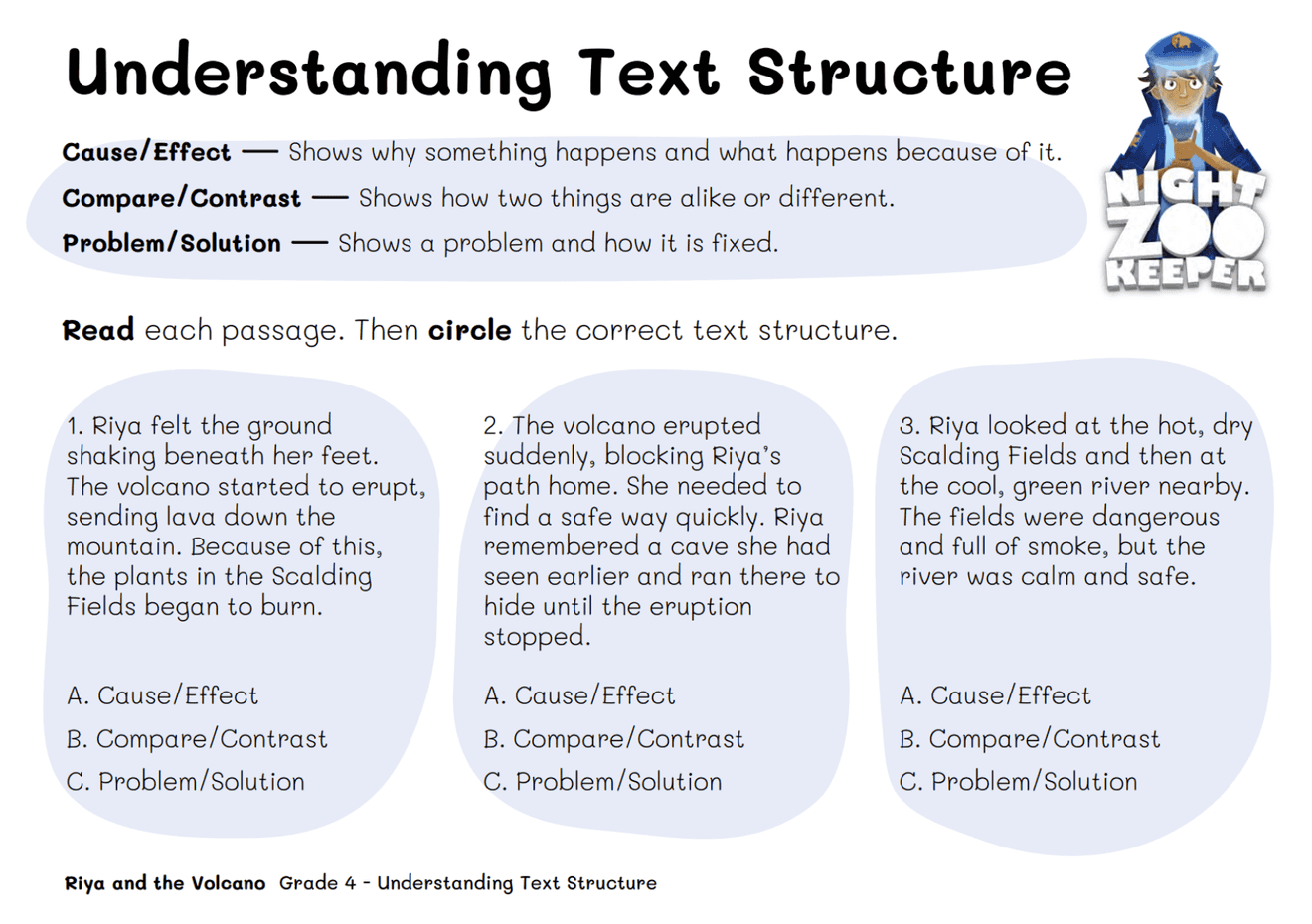 Grade 4 Reading Comprehension Worksheet | Night Zookeeper